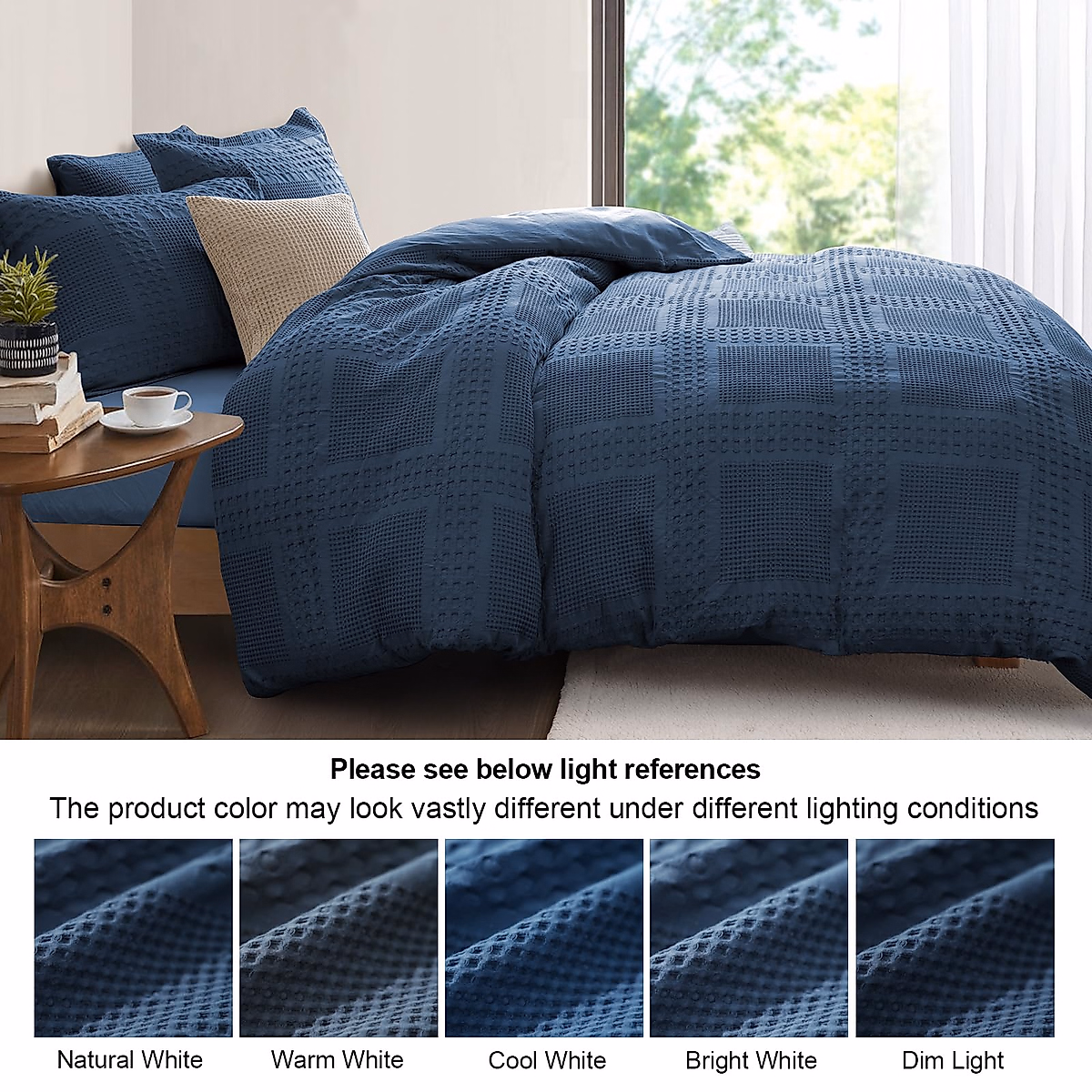 PHF 100% Cotton Waffle Duvet Cover Queen Size, 3 Pieces Soft Breathable Duvet Set for All Season, Pre-Washed Decorative Textured Comforter Cover with 2 Pillow Shams, 90"x92", Navy Blue