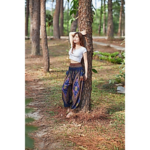 Lannaclothesdesign Women's Smocked Waist Boho Flowy Yoga Harem Pants Hippie Clothes (M, Dark Blue)