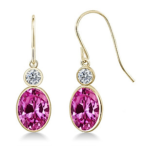 Gem Stone King 14K Yellow Gold Pink Created Sapphire and White Diamond Hook French Fish Ear Wire Dangle Earrings For Women (3.50 Cttw, Gemstone September Birthstone, Oval 8X6MM, Round 3MM)