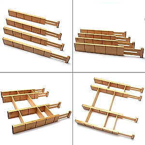 SUEIANNMN 4PCS Expandable Drawer Dividers Set with 12 Inserts Kitchen Drawer Organiser, Bamboo Customisable Cutlery Organiser Desk Drawer Organizer Clothes Drawer Organisation (17-22in)