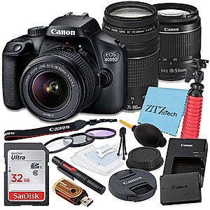 Canon EOS 4000D / Rebel T100 DSLR Camera 18-55mm + 75-300mm Zoom Lens, SanDisk 32GB Memory Card, Tripod, 3 Pieces Filter (UV, CPL, FLD), ZeeTech Accessory Bundle (Renewed)