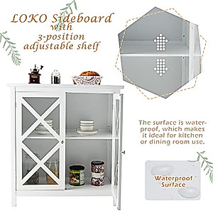 LOKO Buffet Cabinet, Kitchen Storage Cabinet with Tempered Glass Doors & Adjustable Shelves, Sideboard Cabinet Liquor Cabinet for Kitchen, Living Room, 35.5 x 15.5 x 38 inches (White)