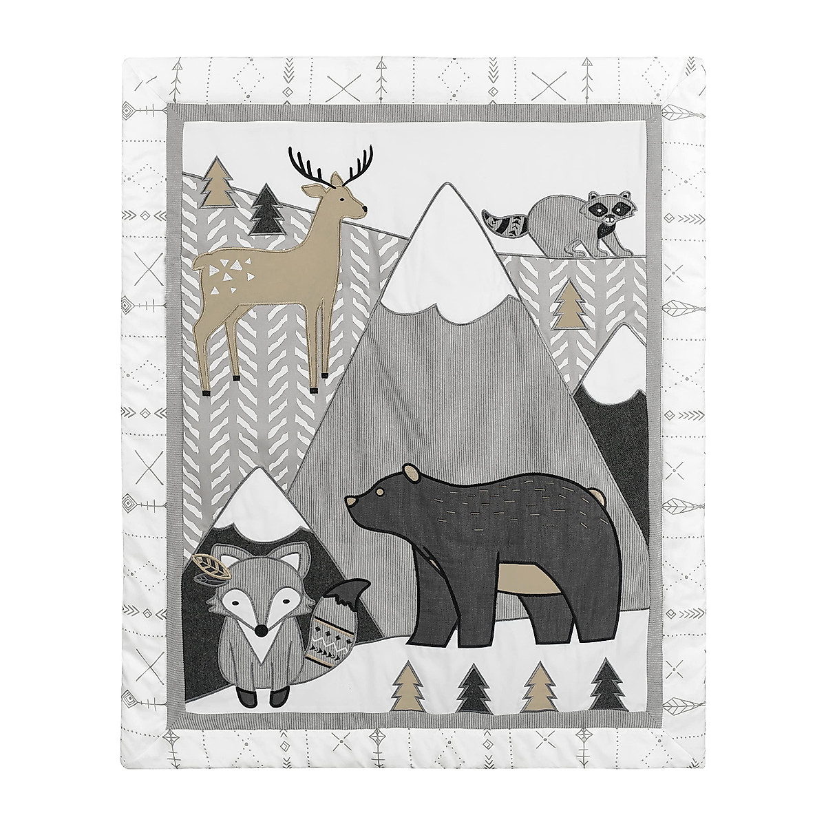 Sweet Jojo Designs Beige, Grey and White Boho Mountain Animal Gray Woodland Forest Friends Baby Unisex Boy or Girl Nursery Crib Bedding Set - 4 Pieces - Deer Fox Bear