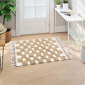 Lahome Checkered Boho Bath Mats, Neutral 2x3 Bathroom Rug Machine Washable Tufted Throw Rugs with Tassels, Fluffy Farmhouse Area Rug Non-Shedding Cotton Carpet for Bedroom Dorm, Khaki