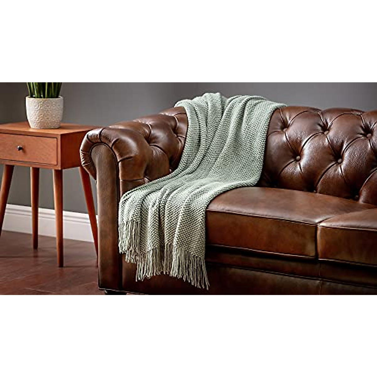 Chanasya Textured Knitted Sage Green Throw Blanket With Tassels - Soft Acrylic Bohemian Farmhouse Chic Accent Throw - Decorative for Sofa Chair Couch Bed Living Room (50x65 Inch) Boho Tan Sage Blanket