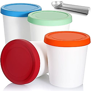 Ice Cream Containers 5 Pack 1Qt Freezer Storage Tubs with Silicone Lids and Spoon for Homemade Ice Cream for Homemade Ice Cream, Sorbet Dishwasher Safe (Blue, Red, Green, Orange)