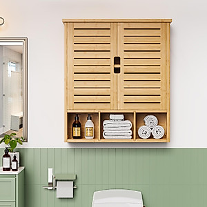 BAMBOOHOMIE Bathroom Wall Cabinet, Bamboo Medicine Cabinet Wall Mounted with 2 Doors & Adjustable Shelf, Over The Toilet Storage Cabinet for Bathroom Laundry Room Kitchen (Natural)