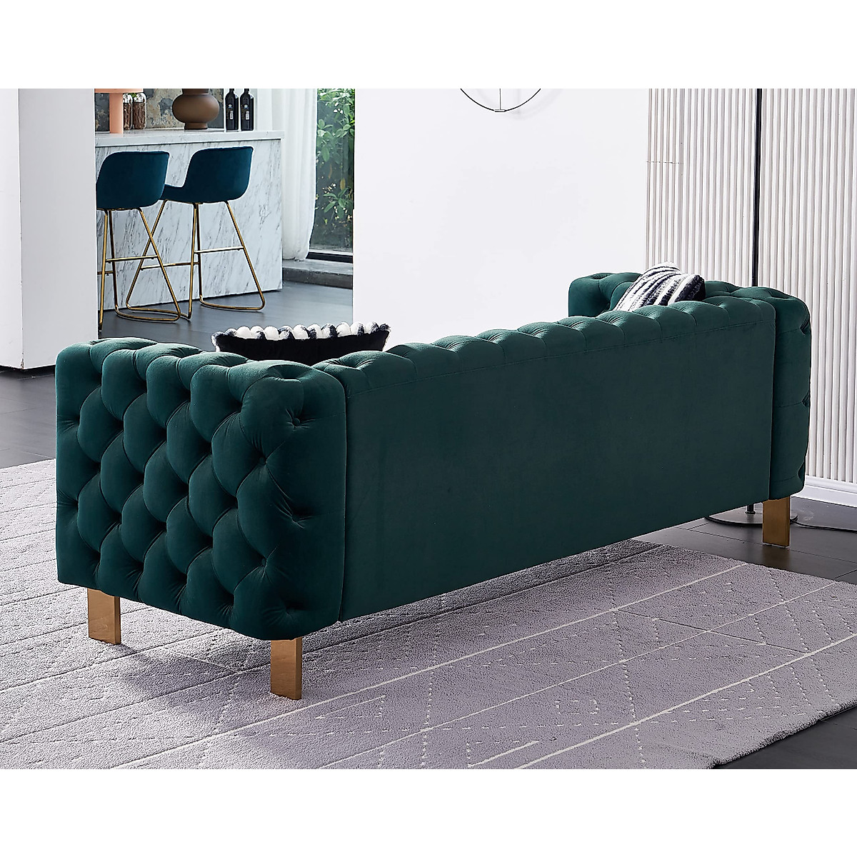 Kakotito Tufted Sofa Couch, 84 Inches Long Upholstered Sofa with 2 Pillows,High Arm and Strong Metal Legs, Couches for Living Room, Office, and Bedroom (Button Tufted, Green)