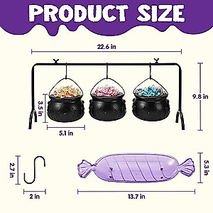JOYIN 3 Witches Cauldron Serving Bowls, 2 Purple Candy Discs, a Black Metal Shelf with 3 Hooks, 6 PCS Halloween Party Decoration Set Black Plastic Candy Bucket Cauldron Bowls, for Halloween Outdoor and Indoor Decor