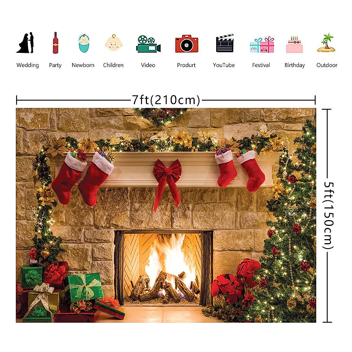 WOLADA 7x5FT Christmas Fireplace Photo Backdrop - Holiday Wall Decor and Background for Photography