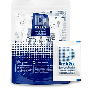 Dry & Dry 5 Gram [50 Packets] Premium Pure and Safe Silica Gel Packets Desiccant Dehumidifiers, Silica Gel Packs - Rechargeable (Food Safe) Moisture Absorbers, Desiccant Packets