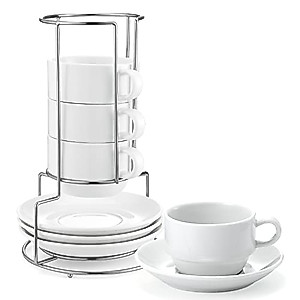 Yedio Porcelain 4 oz Espresso Coffee Cups with Saucers and Metal Stand, Porcelain White Stackable Cappuccino Cups Set of 4