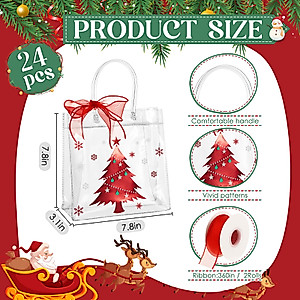 Henoyso 24 Pcs Christmas Clear Gift Bags with Handles Plastic Xmas Candy Treat Bags with Ribbon 7.8 x 7.8 x 3.1 PVC Gift Wrap Totes for Retail Wedding Birthday Party Favors(Red)