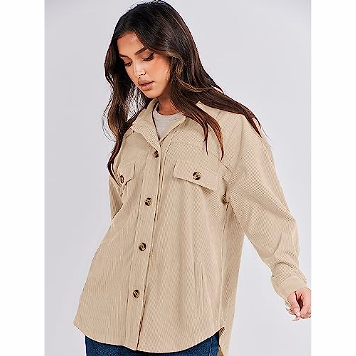 ANRABESS Oversized Jackets for Women Casual Button Down Shirts Corduroy Shacket 2023 Fall Fleece Cardigan Blouse Trendy Coat with Pockets 1027xingse-L