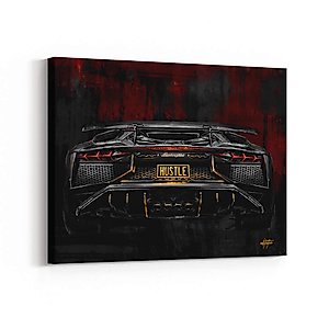 Inktuitive 'Hustlin Bull' Motivational Canvas Wall Art, 40 x 30-Inch Hustle and Luxury Lambo Inspirational Wall Decor, Ready-to-Hang Modern Wall Art for Living Room
