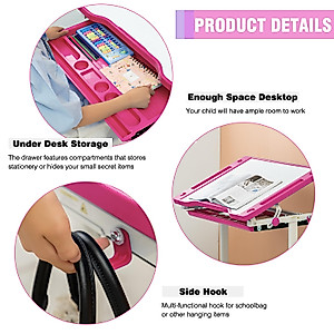 PayLessHere Kids Desk and Chair Set,Height Adjustable Study Desk for Kids with Pull Out Drawer Storage,Multi-function Study Desk and Chair for Writing, Reading and Drawing (Pink)