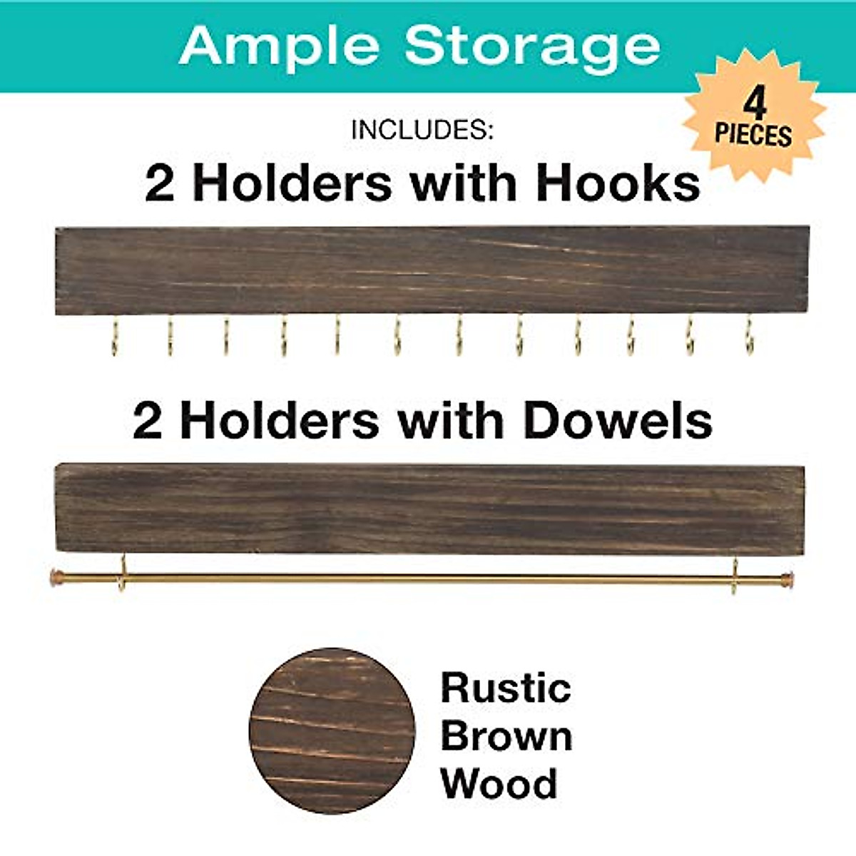 Large Wall Mounted Jewelry Organizer. 17" Inches Wide Rustic Display with Hooks for Hanging Rings, Earrings, Necklace Holder, Bracelet Hanger. Shabby Chic Wood Home Decor (Set of 4 - Dark Brown)