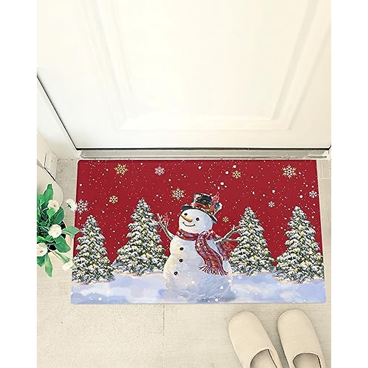 Yun Nist Christmas Snowman Bathroom Rug,Xmas Tree Red Soft Shag Rug Non Slip Doormat,Winter Snowflakes Absorbent Carpet Furry Cozy Floor Mat for Kitchen Bedroom Living Room 20x31.5in
