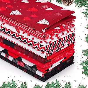 Hicarer 10 Pcs 20"x20" Christmas Cotton Fabric Square Bundles Red Black Reindeer Plaid Snowflake 10 Patterns Patchwork Christmas Fat Quarters for DIY Xmas Art Sewing Home Party Craft