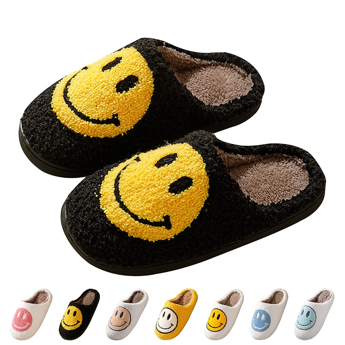 Bevaney Smile Face Slippers for Women, Soft Plush Smile Slippers Retro Preppy Slippers with Smile Face Happy Face Slippers Slip-on Cozy Indoor Outdoor Slippers