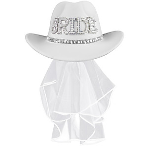 MGupzao Cowboy Hat and Veil - Bachelorette Party Decor, White Cowgirl Hat Wedding Bridal Shower Favors, Bride to be Gift, Country Western Style