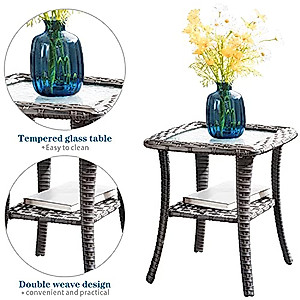ovios Patio Coffee Table Outdoor Wicker Rattan Side Table Garden Tea Table Square End Table with Glass Top for Backyard Deck Balcony (Grey-Small Size)