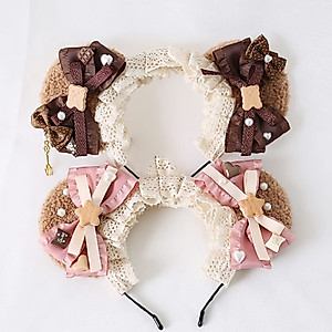 GK-O Lolita Bear Ear Headband Bowknot Hair Kawaii Lolita Prop Headwear Cute Hairpin Female Headdress Hair Accessories Handmade (Pink)