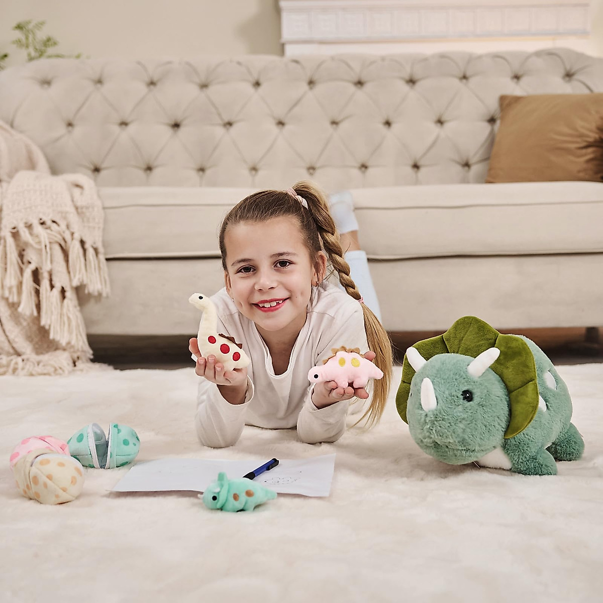 Karister 17.6in Plush Dinosaur Stuffed Animals,A Mommy Dinosaur with 3 Baby Dinosaurs,Triceratops, Tyrannosaurus Rex and Diplodocus.