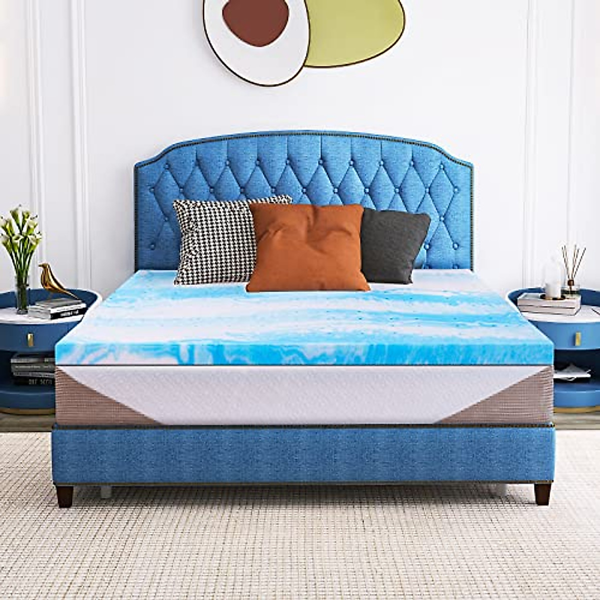 Opoiar 2 Inch Cooling Gel Memory Foam Mattress Topper in a Box, Medium Firm Mattress Topper for Pressure Relief & Temperature Regulation,CertiPUR-US Certified, Blue&White (Twin)