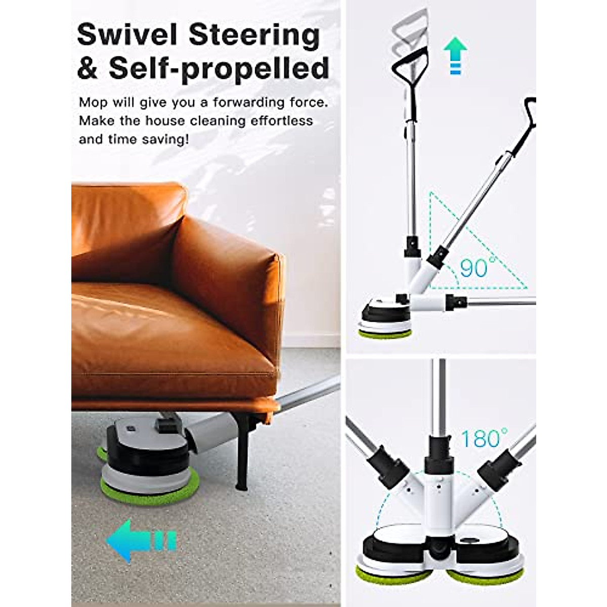 Cordless Electric Mop, Electric Floor Cleaner with LED Headlight & Water Sprayer, Up to 60 mins Detachable Battery, Dual-Motor Powerful Spin Mop with 300ML Water Tank for Multi-Surface, Self-Propelled