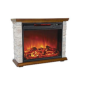 LifeSmart LifePro 1500 Watt Electric Infrared Quartz Fireplace Heater for Indoor Use with 3 Heating Elements and Remote, Faux Stone & Oak Wood