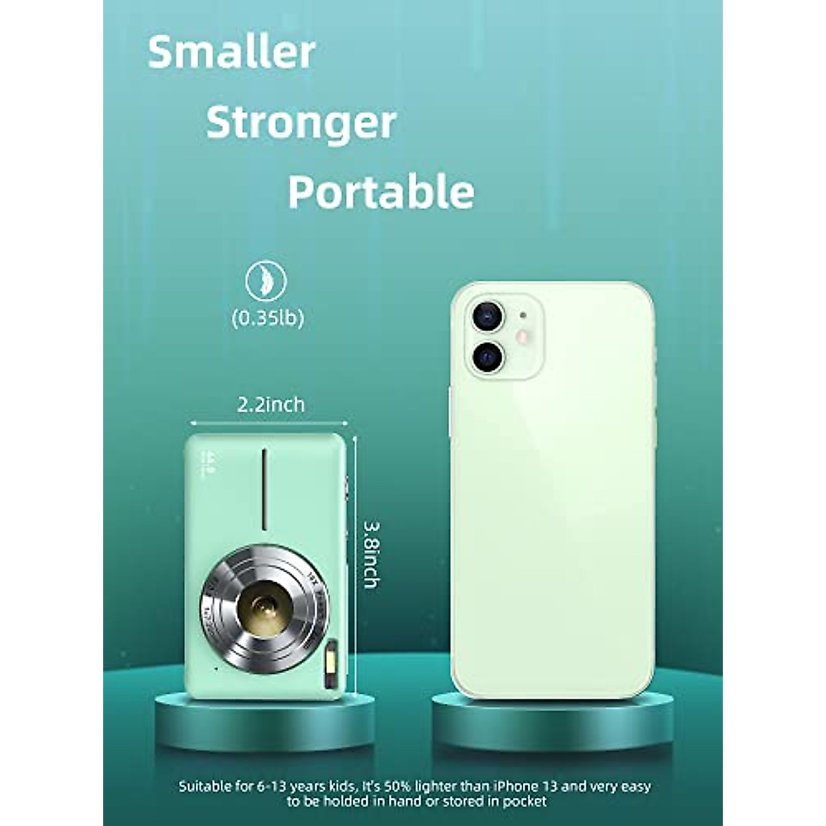 Digital Camera, FHD 1080P Kids Camera 44MP Point and Shoot Digital Cameras with 32GB SD Card, 16X Zoom, Two Batteries, Lanyard, Compact Small Camera for Kids Boys Girls Teens Students Seniors- Green