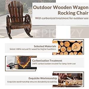 EPICOZY 2 Piece Outdoor Wood Wagon Rocking Chair, Patio Rustic Adirondack Porch Rocker with High Back & Slatted Seat, Carbonized Wood Rocker Chair with Wagon Wheel Armrest for Indoor, Backyard, Garden