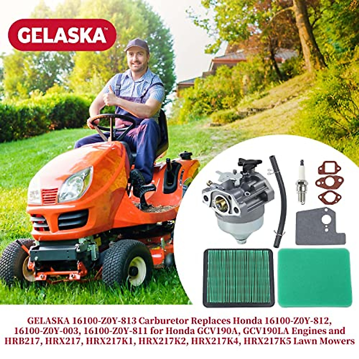 GELASKA 16100-Z0Y-813 Carburetor Replaces Honda 16100-Z0Y-812, 16100-Z0Y-003, 16100-Z0Y-811 for Honda GCV190A, GCV190LA Engines and HRB217, HRX217, HRX217K1, HRX217K2, HRX217K4, HRX217K5 Lawn Mowers