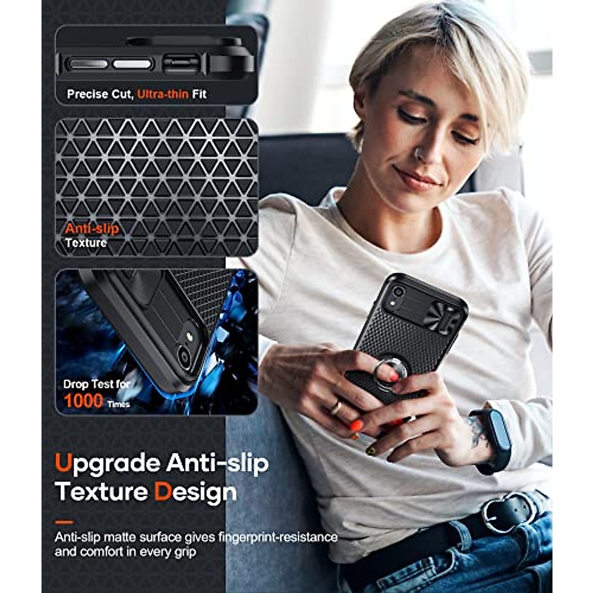 LeYi for iPhone XR Case: iPhone XR Phone Case with [2 Pack] HD Screen Protectors, Armor Defender Non-Slip Textured Back with Camera Cover & Stand Case for iPhone XR, Black