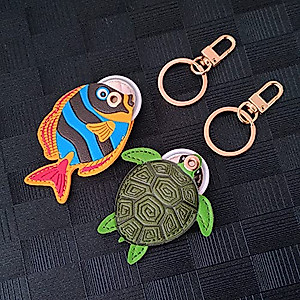 2 Pack Leather Airtag Keychain Case Holder, Cute Kawaii Accessories Suitable for Airtag (Fish-Turtle)