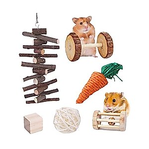 QWINEE 6pcs Hamster Chew Toy Set Wooden Small Animal Molar Toys Teeth Care Accessories Sport Exercise Toys for Rabbits Gerbils Rats Chinchillas and Other Small Pets Multicolor One Size