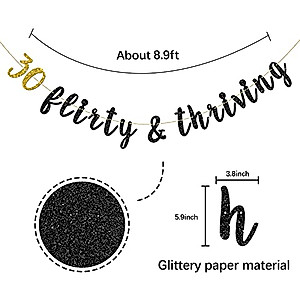 INNORU 30 Flirty & Thriving Banner, Happy 30th Birthday Party Decorations, 30th Anniversary Banner, Cheers to 30 Years Party Decoration Black Glitter