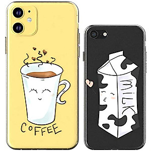 Toik Matching Couple Cases for Apple iPhone 11 Pro Xs Max Xr 10 X 8 Plus 7 6s 5s SE White Kawaii BFFs Milk Print Gift Slim Design Black Clear Lightweight TPU Boyfriend Soulmate Coffee Apple Cute