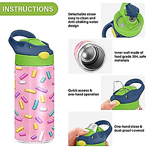 Kigai Pink Donut Glaze Kids Water Bottle, BPA-Free Vacuum Insulated Stainless Steel Water Bottle with Straw Lid Double Walled Leakproof Flask for Girls Boys Toddlers, 12Oz