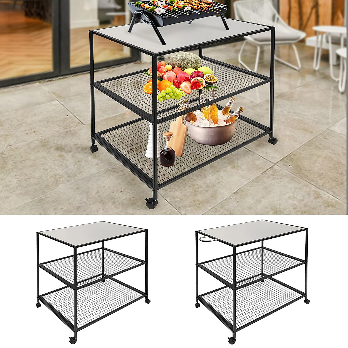 RIAHNEAH Outdoor Grill Cart with Wheels, Picnic Table with 3 layerStorage Shelves, Movable Dining Cart Worktable Trolley for BBQ, Portable Dining Cart Patio Bar Table