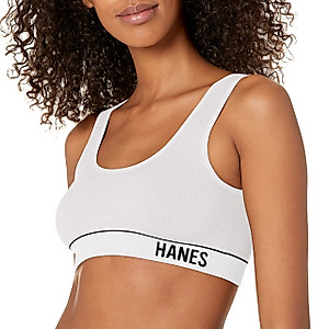 Hanes Women's Originals Seamless Rib Crop Bralette, Wireless Scoop Pullover Bra, ComfortFlex Fit, White, Medium