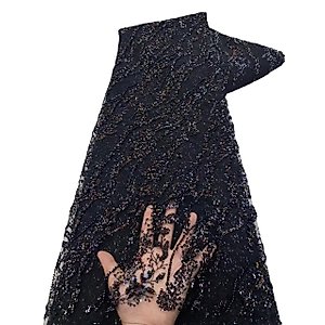 Tngan Embroidered Sequin African Lace Heavy Craft Beading Glitter Floral French Tulle Net Fabric for Trailing Dress, 5 Yards, Black