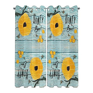 Outdoor Curtains for Patio 2 Panels Set Honey Bee Beehive Under Branch Blue Wooden Plank Waterproof Privacy Outside Curtain Sun Blocking Grommet Drapes for Porch Gazebo Pergolas Balcony 52x108 Inch