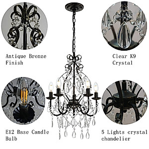 riomasee Mini Crystal Chandelier 5 Lights Bronze Chandelier with K9 Crystal Raindrop Iron Ceiling Light Fixtures for Bedroom,Dining,Living Room
