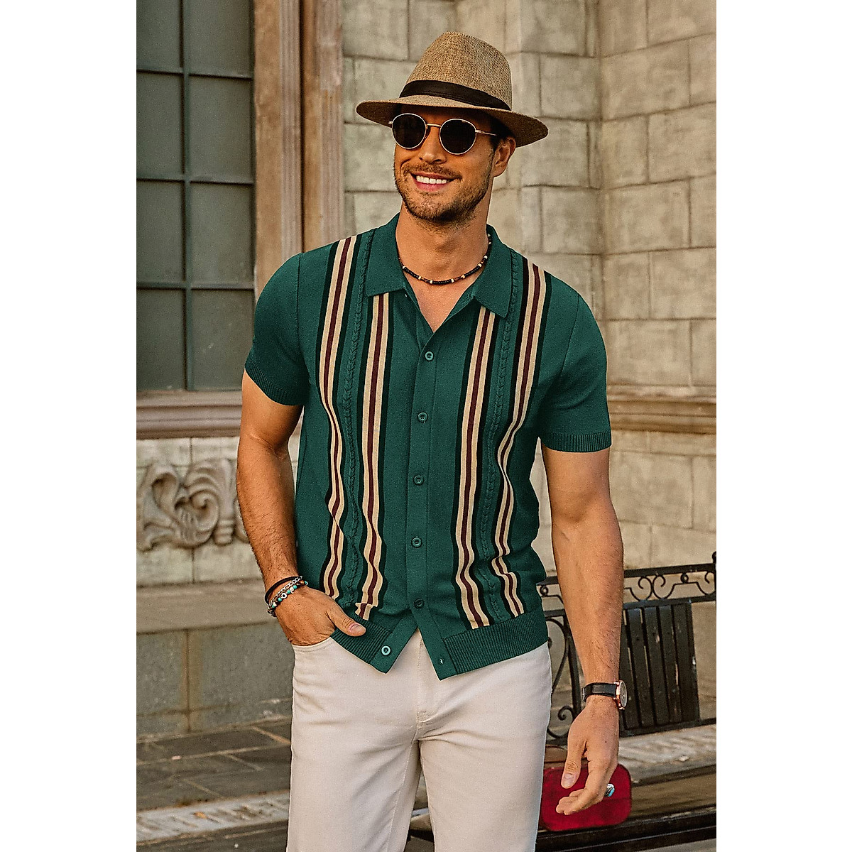 PJ PAUL JONES Mens Retro Striped Polo Shirt Short Sleeve Button Down Knitted Shirts Green M