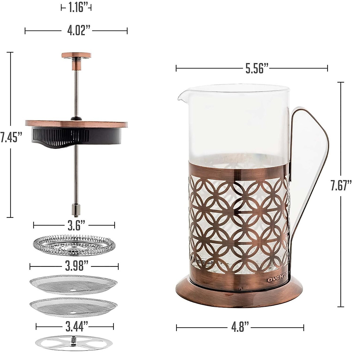 OVENTE French Press Coffee Maker 34 Ounce, 4 Filter Stainless Steel Filter Plunger System & Durable Borosilicate Heat Resistant Glass with Free Scoop, Perfect for Hot & Cold Brew, Copper FSF34C