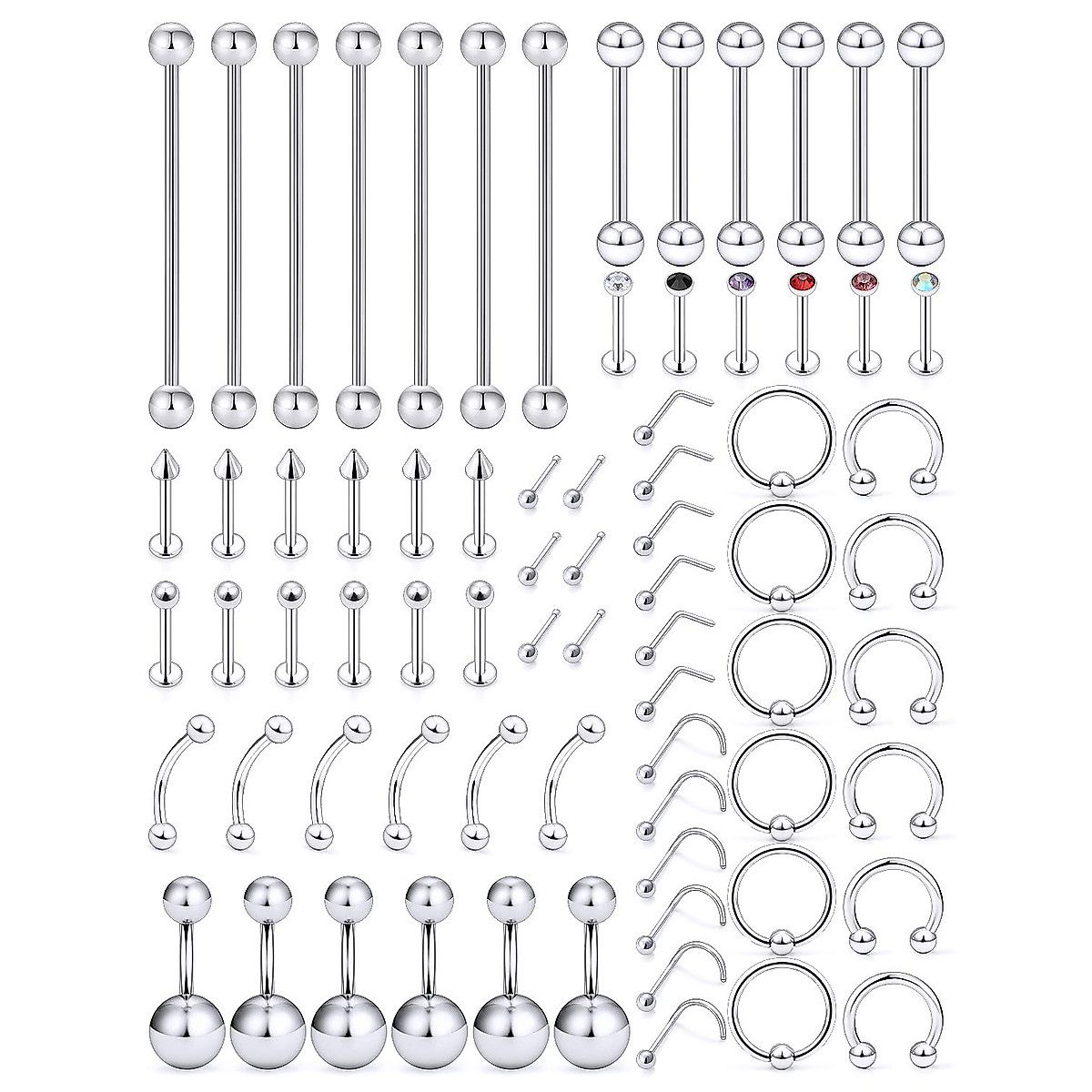 Vsnnsns 14G-20G Body Jewelry Piercing Lot Stainless Steel Nose Horseshoe Lip Tongue Eyebrow Septum Ring Cartilage Tragus Earrings Navel Belly Button Rings Barbells Body Piercing Jewelry Silver 72Pcs