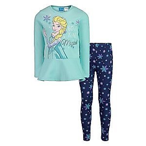 Disney Frozen Elsa Toddler Girls Fleece Long Sleeve Graphic T-Shirt and Leggings Outfit Set Turquoise/Blue 5T