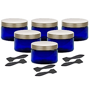 Grand Parfums 6 Cobalt Blue Low Profile 4 Oz Jars PET Plastic Empty Cosmetic Containers with Black Spatulas, Smooth Champagne Gold Plastic Caps, for Essential Oil Sugar Scrub, Body Cream